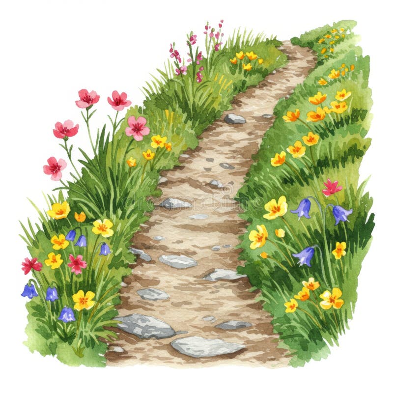 Winding Path with Vibrant Wildflowers Stock Illustration - Illustration ...