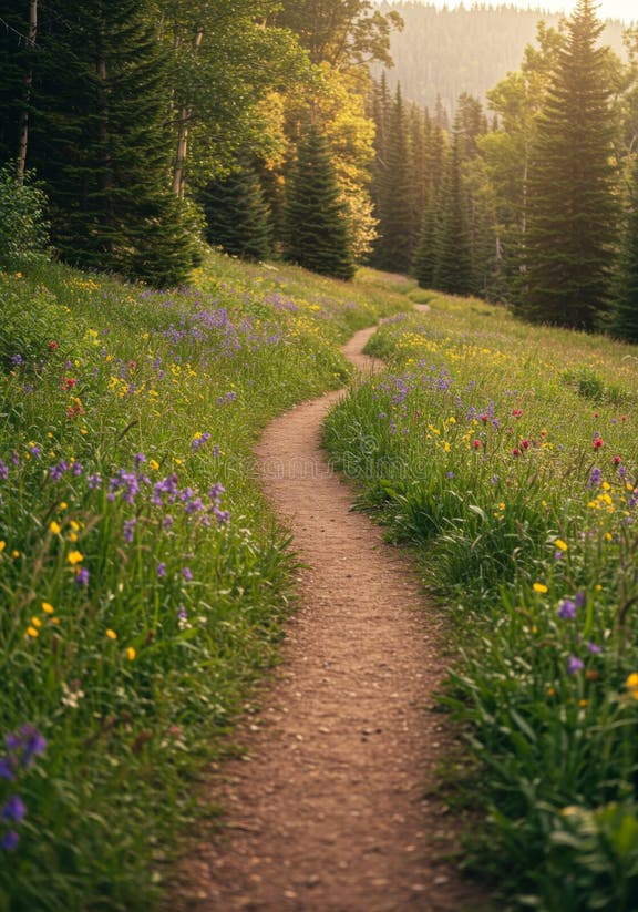 Winding Path through a Wildflower Meadow in a Mountain Forest Stock ...