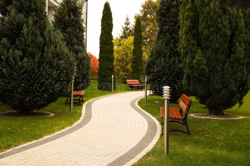 Winding Pathway with Beautiful Bushes and Benches in Park Stock Photo ...