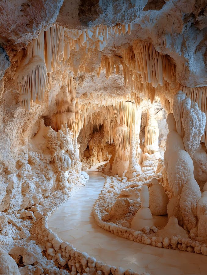 A Winding Pathway through a Cave with Stalactites and Stalagmites ...