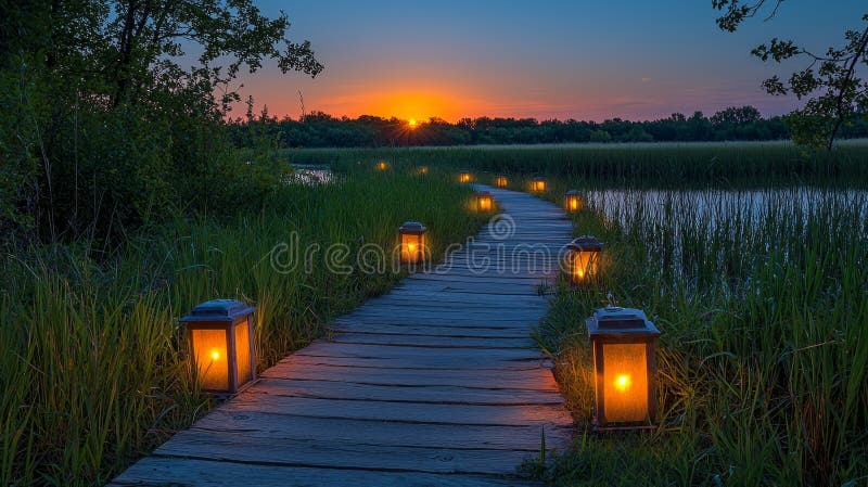 Winding Pathway Illuminated Soft Lanterns Leads into Bright Horizon ...