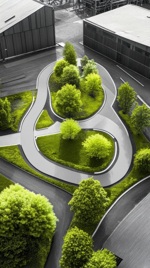 Winding Pathway through Lush Green Park Surrounded by Industrial ...