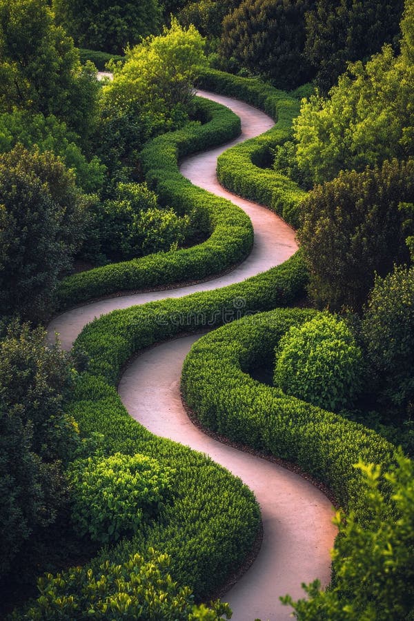 Winding Pathway through Lush Greenery in a Tranquil Garden Setting ...
