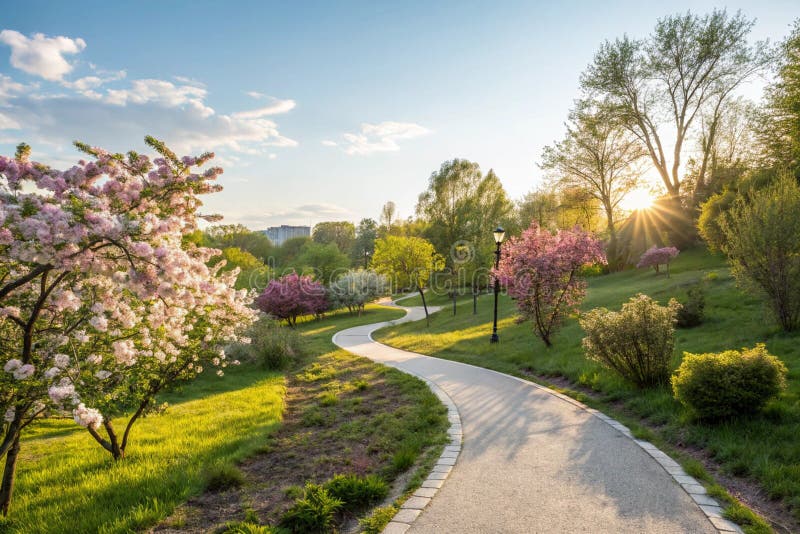 Winding Pathway through Park on a Sunny Spring Day Stock Illustration ...