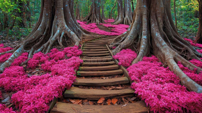 Winding Pathway, Pink Blooms, Lush Forest Stock Photo - Image of nature ...