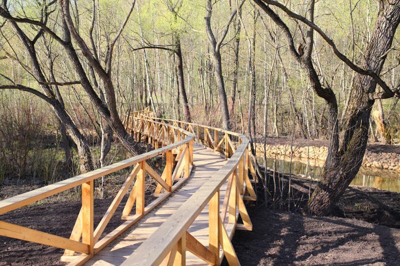 Winding Pedestrian Wooden Bridge in Park in Stock Image - Image of ...