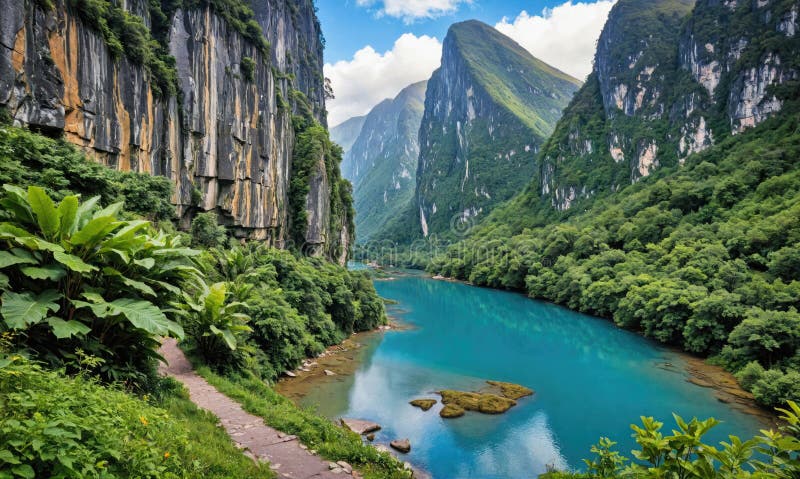 A Winding River Flows through a Deep Canyon in China, Surrounded by ...
