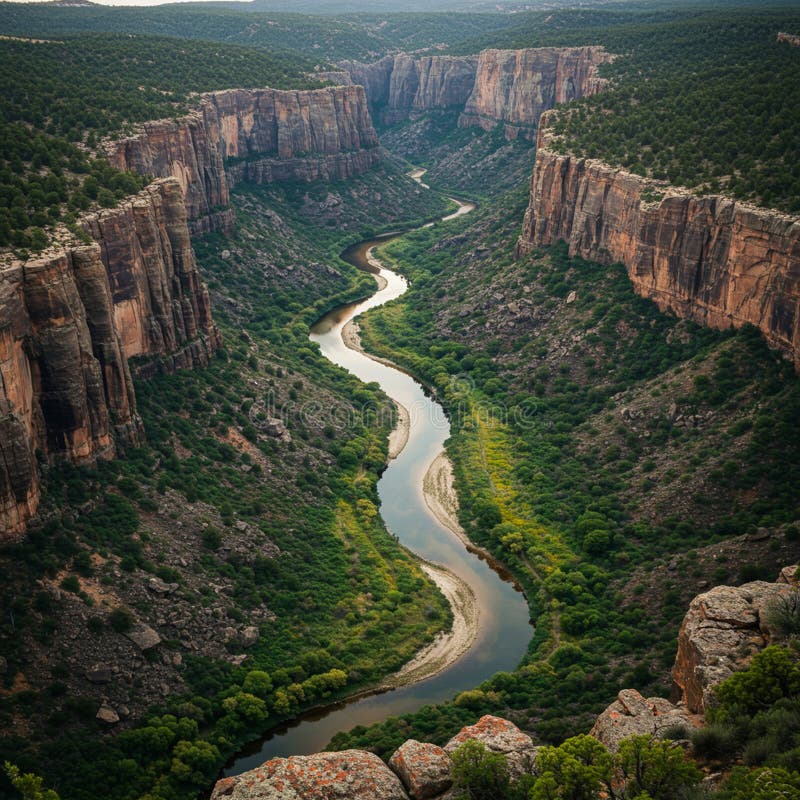 A Winding River Flows through a Deep Canyon with Steep, Rocky Cliffs on ...