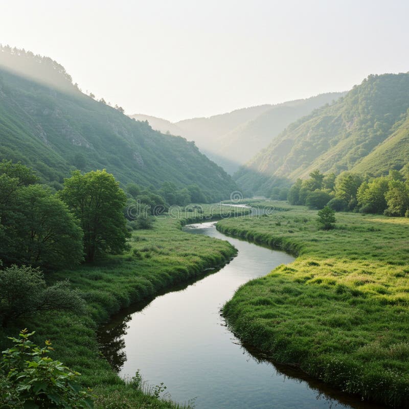 A Winding River Flows through a Lush, Green Valley Surrounded by Gently ...