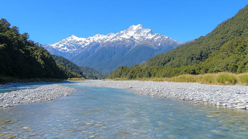 A Winding River Flows through a Valley with Snow-capped Mountains in ...