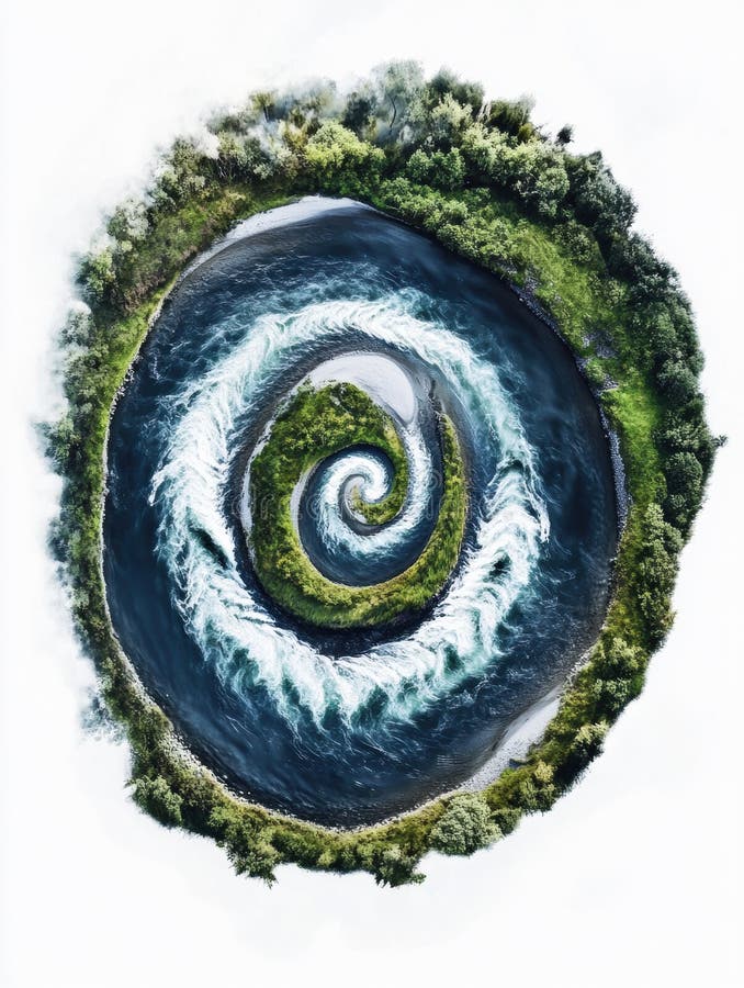 Winding River Forms a Spiral Pattern Surrounded by Lush Greenery in ...