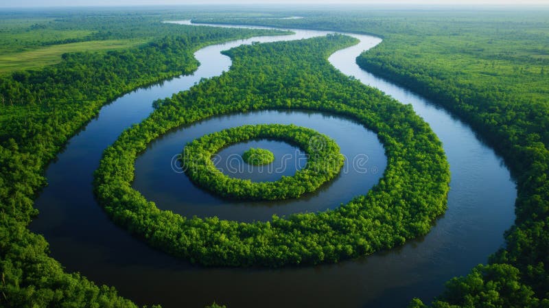Winding River Forms a Spiral Shape in Lush Greenery, Symbolizing ...