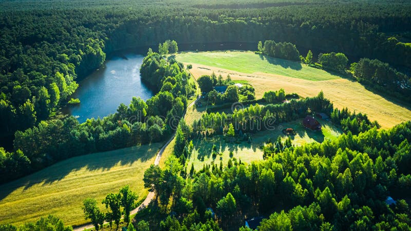 Winding River between Green Forests and Fields at Sunrise Stock Photo ...