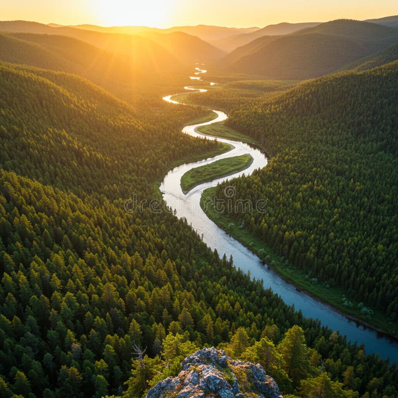 A Winding River Meanders through a Dense Coniferous Forest, Surrounded by Rolling Stock ...