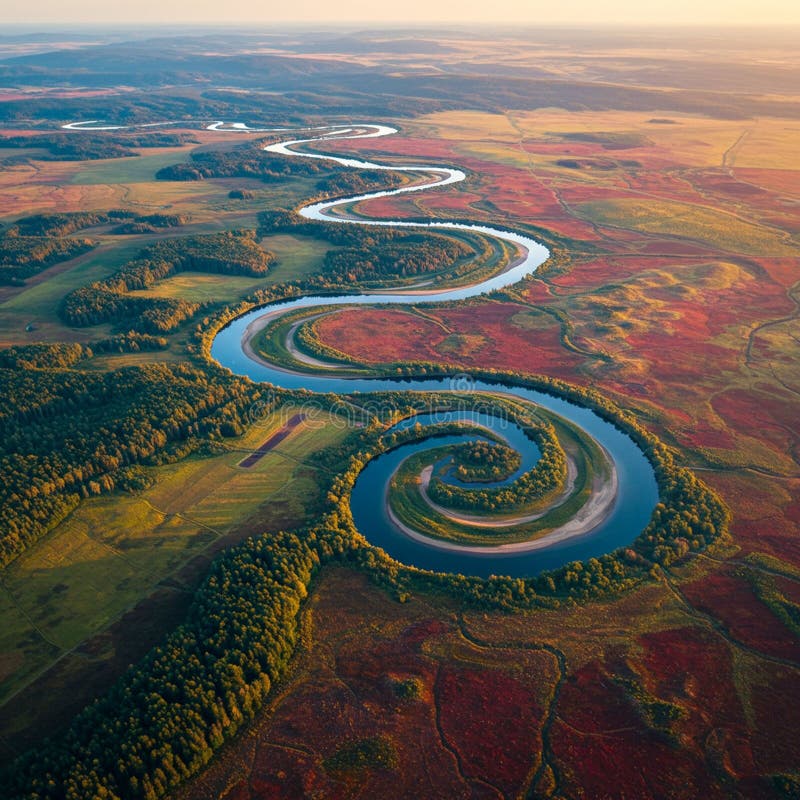 Winding River Meanders through a Vibrant Landscape, Surrounded by Dense ...
