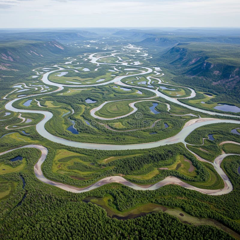 Winding River with Multiple Meanders Flows through Expansive Green ...