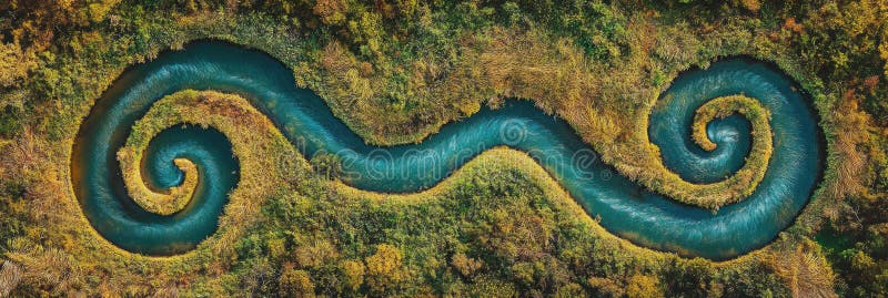 Winding River Shaped Like a Spiral Flows through Lush Landscape Under ...