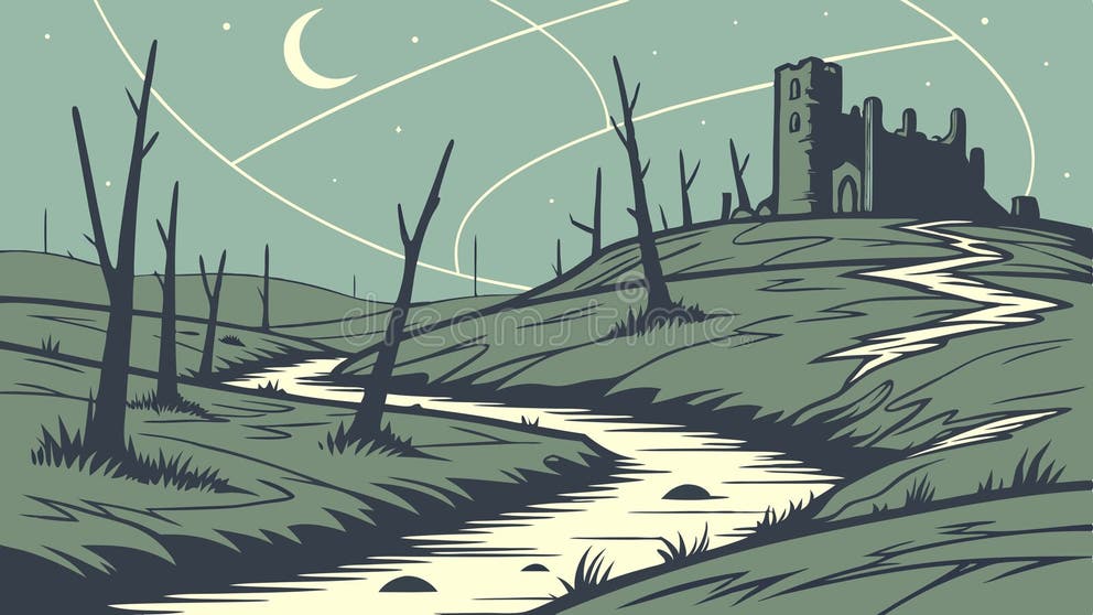 Winding River in a Stylized, Desolate Landscape with Dead Trees, Vector ...