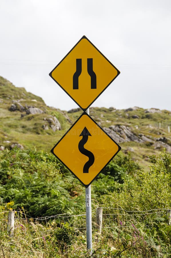 Bottleneck Road Narrowing Sign Stock Image - Image of highway, drive ...