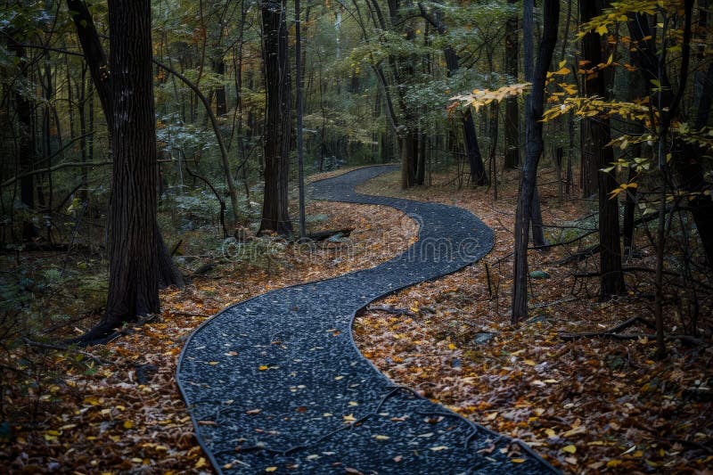 A Winding Road Cuts through Dense Forest with Fallen Leaves Covering ...