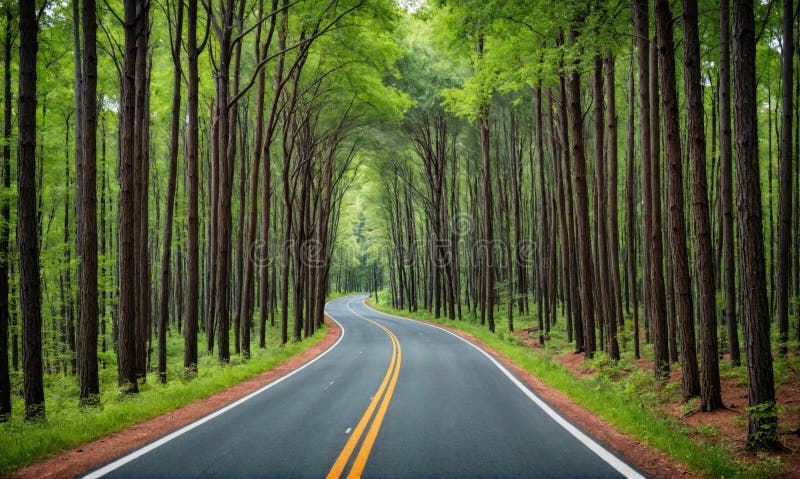 A Winding Road through a Dense Forest, with Tall Trees Lining Both ...