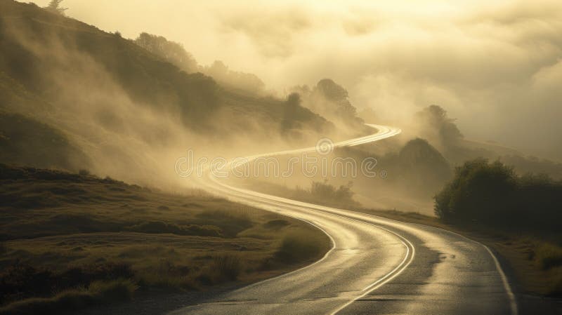 A Winding Road Disappearing into the Mist only the Slivers of Sunlight ...