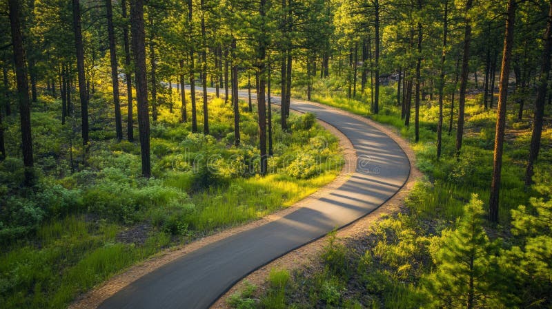 A Winding Road through a Forest with Trees on Both Sides Stock ...
