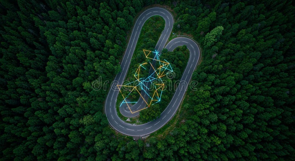 A Winding Road Forms a Loop through Dense Green Forest. Overlaid on the ...