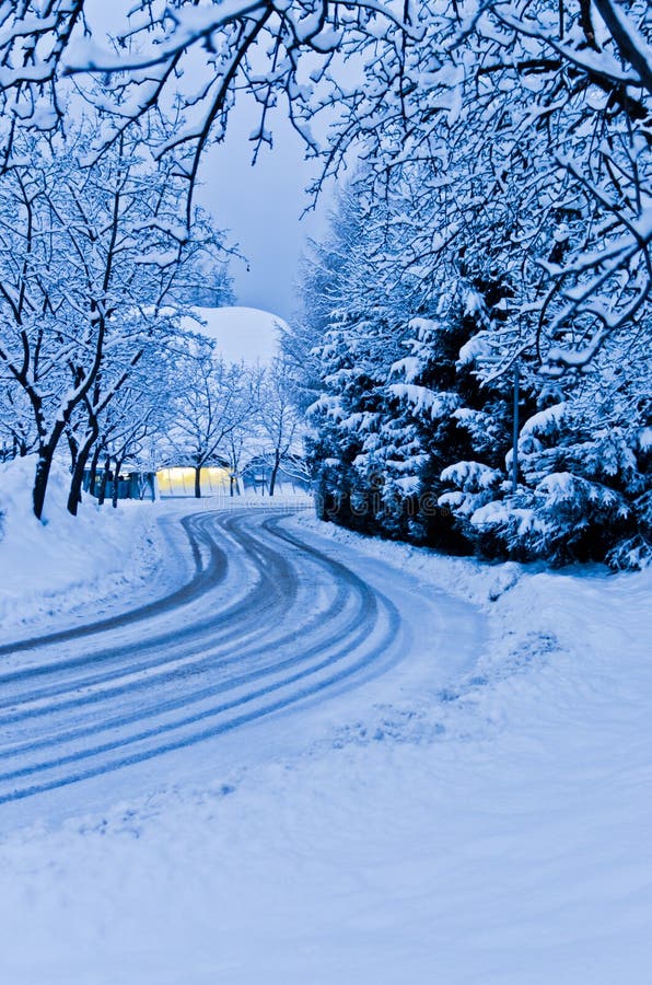 Winding Road Full of Snow at Dawn in Bled Stock Image - Image of scenic ...