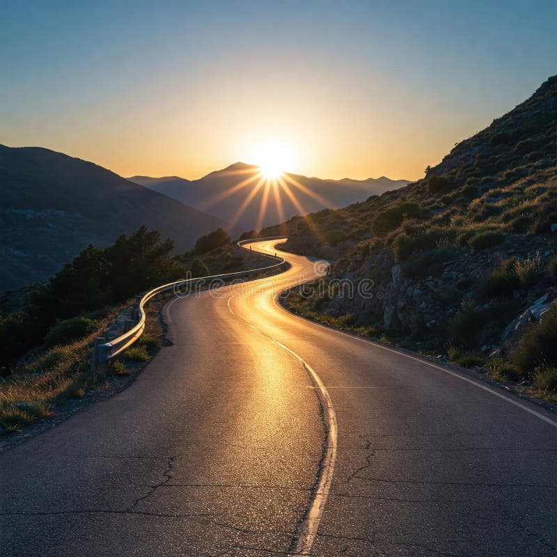 The Winding Road Goes into the Distance at Sunset. Stock Photo - Image ...