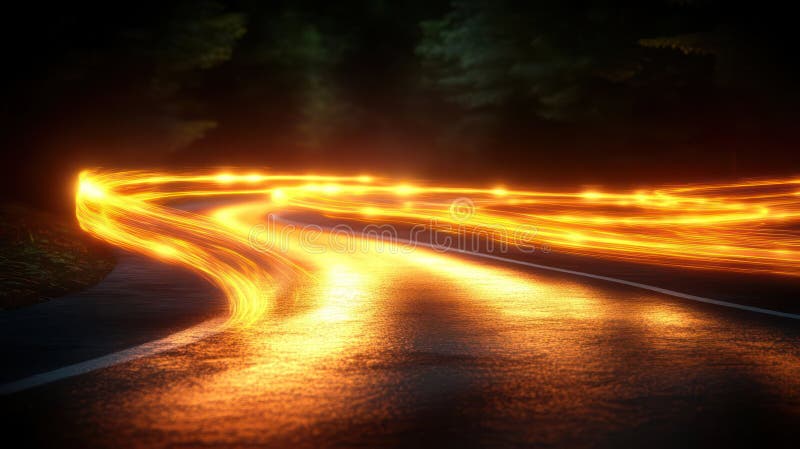 A Winding Road Illuminated by Glowing Light Trails, Creating a Dynamic ...