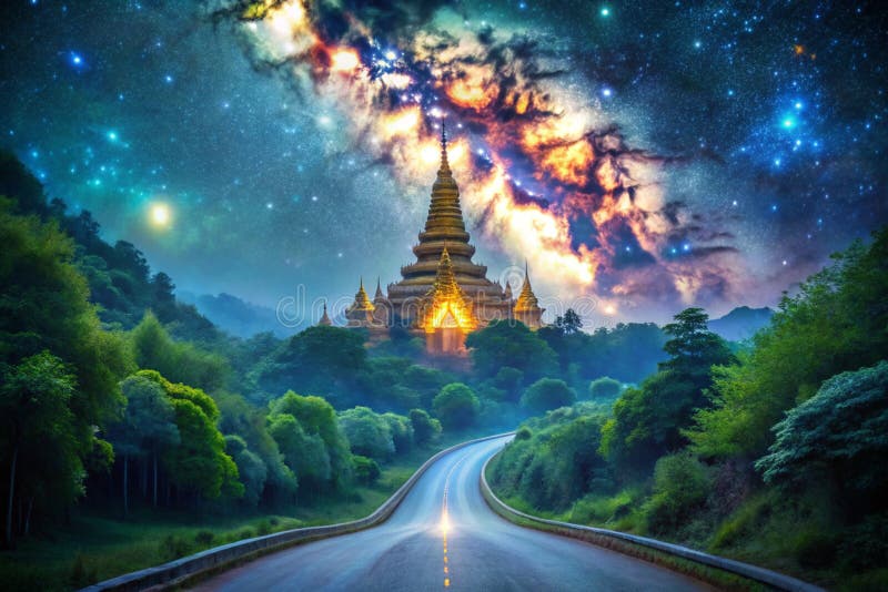 A Winding Road Illuminated in a Mystical Forest, Where Light and Shadow ...