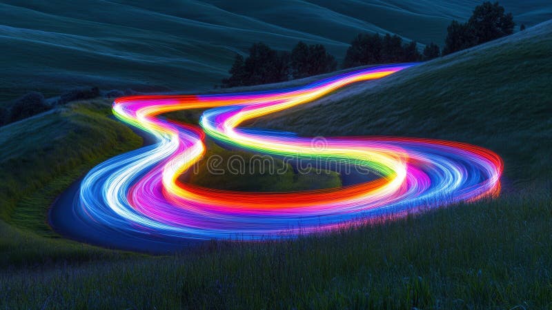 Winding Road Illuminated by a Vibrant Rainbow of Light in an Enchanting ...