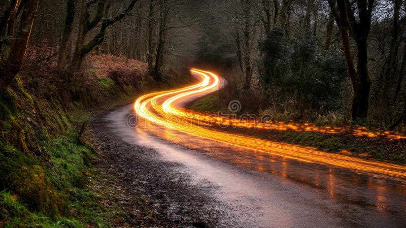 Winding Road Light Trails through Dark Woods Stock Illustration ...