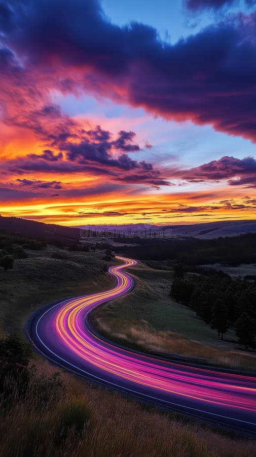 Winding Road with Light Trails during Vibrant Sunset Stock Photo ...