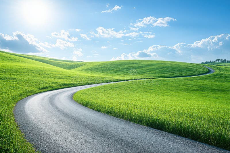 Winding Road through Lush Green Hills Sunny Day Stock Illustration ...