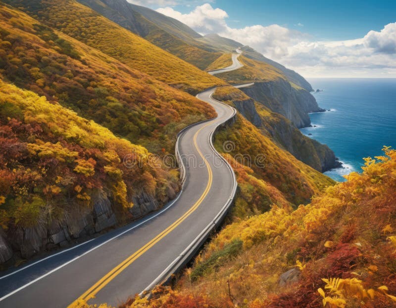 A Winding Road Meanders through a Coastal Landscape with Dramatic ...