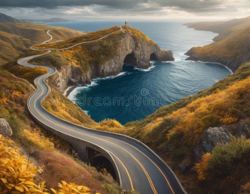 A Winding Road Meanders through a Coastal Landscape with Dramatic ...
