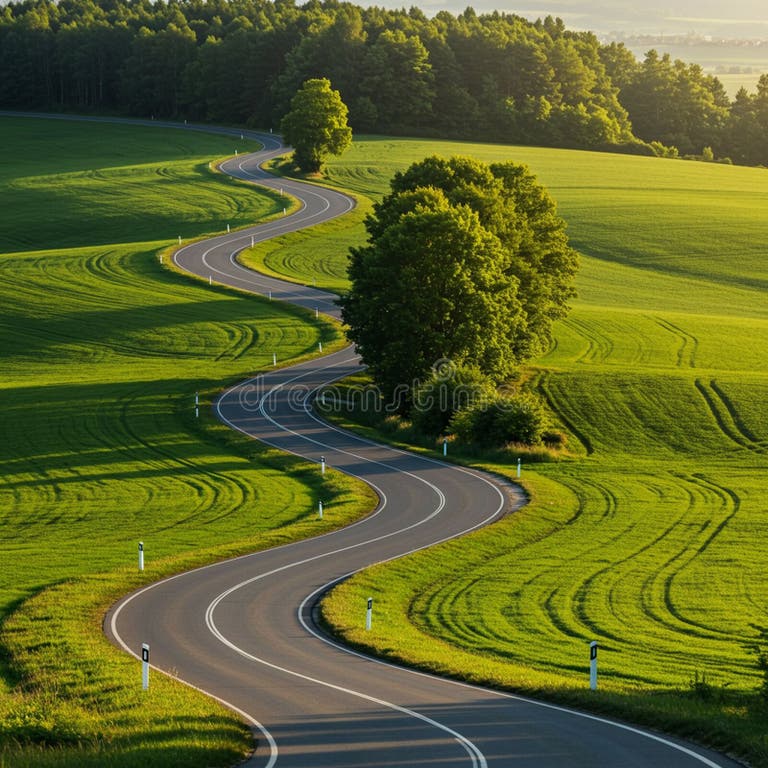 A Winding Road Meanders through Lush, Green Fields with Precisely Mowed ...