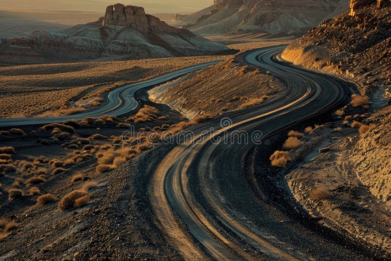 A Winding Road in the Middle of a Desert with No Signs of Civilization ...