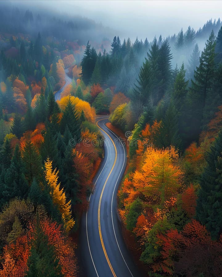 A Winding Road in the Middle of a Forest in the Fall Stock Photo ...