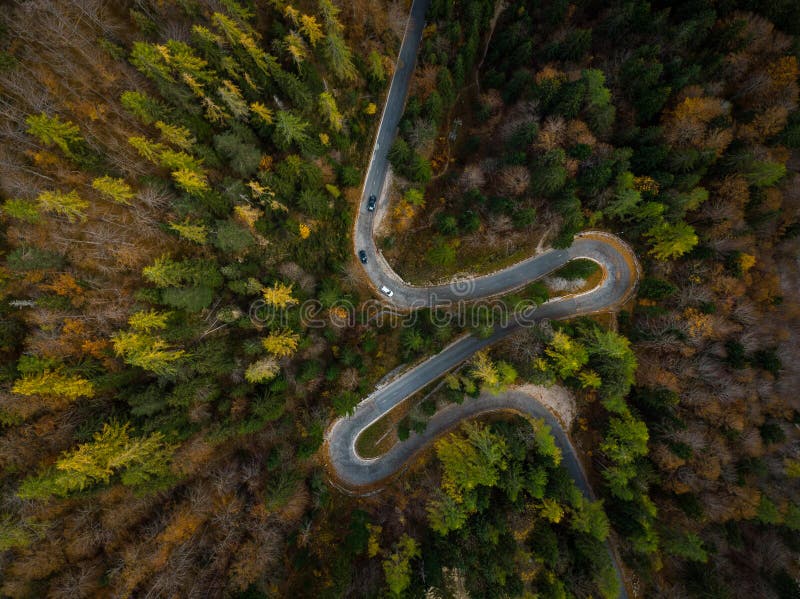 Winding Road in Mountains, Fall Woodlands, Drone View from Above Stock ...
