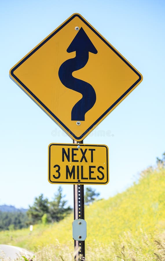 Winding Road Next 3 Miles, Road Sign Stock Photo - Image of turn ...