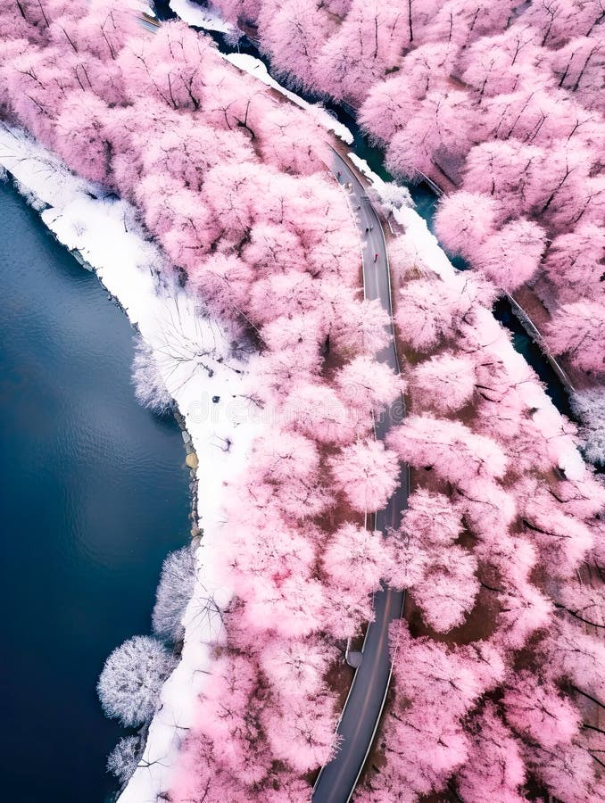 Winding Road in the Pink Forest Stock Image - Image of green, view ...