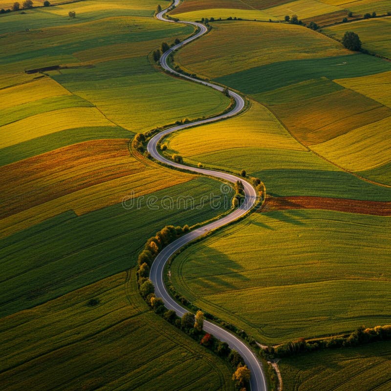 A Winding Road Snakes through Lush, Patchwork Fields of Various Green ...