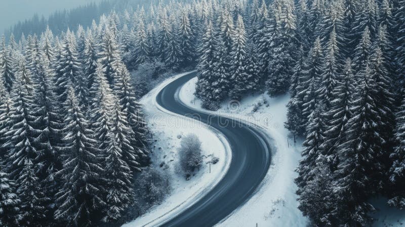 Winding Road through a Snowy Evergreen Forest Stock Illustration ...