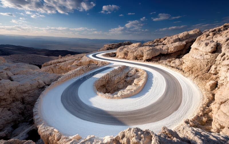 A Winding Road Traverses a Desert Landscape with a Mountain Backdrop ...