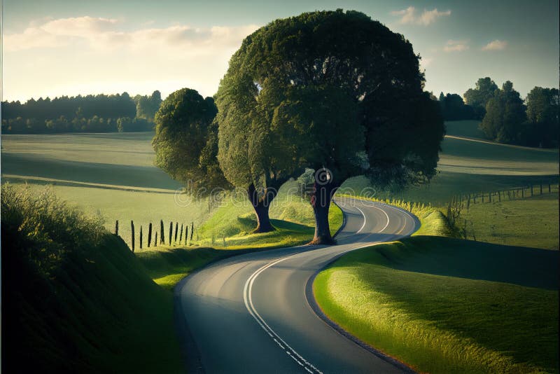 A Winding Road with Trees on Both Sides of it and a Fence in the ...