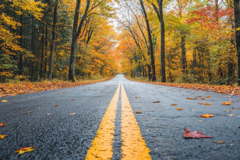 A Winding Road through Vibrant Fall Foliage with Signs Pointing To ...