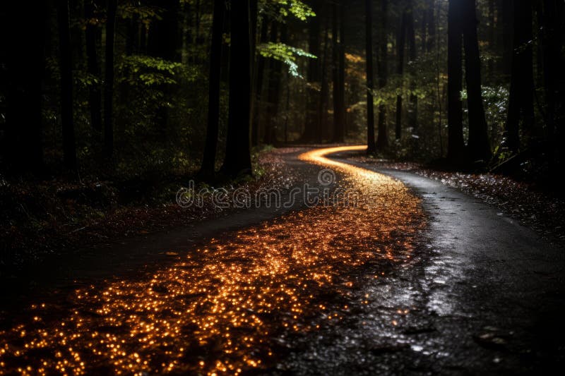 A Winding Road in the Woods at Night with Orange Fireflies Stock ...